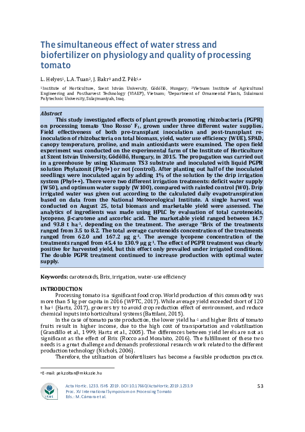 (PDF) The simultaneous effect of water stress and biofertilizer on physiology and quality of ...