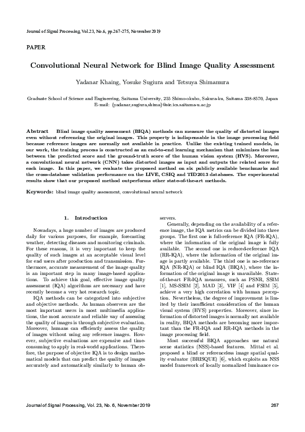 (PDF) Convolutional Neural Network for Blind Image Quality Assessment