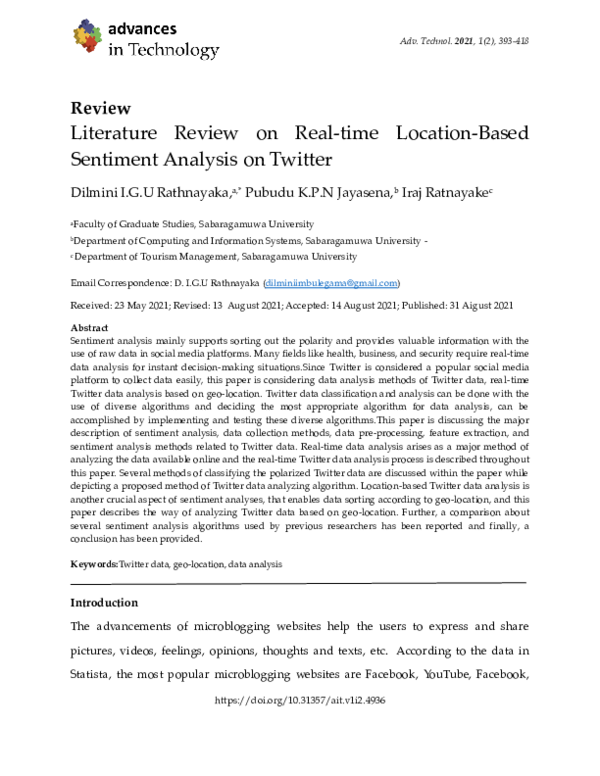 (PDF) Literature review on Real-time Location-Based Sentiment Analysis on Twitter
