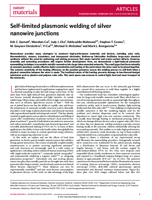 (PDF) Self-limited plasmonic welding of silver nanowire junctions