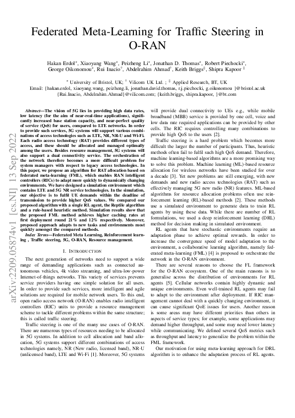 (PDF) Federated Meta-Learning for Traffic Steering in O-RAN