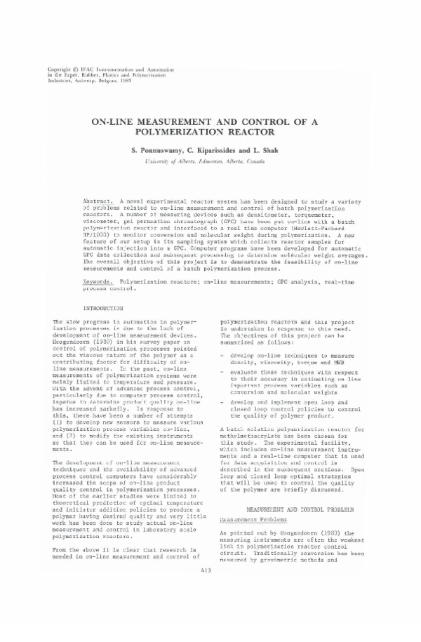 Pdf On Line Measurement And Control Of A Polymerization Reactor