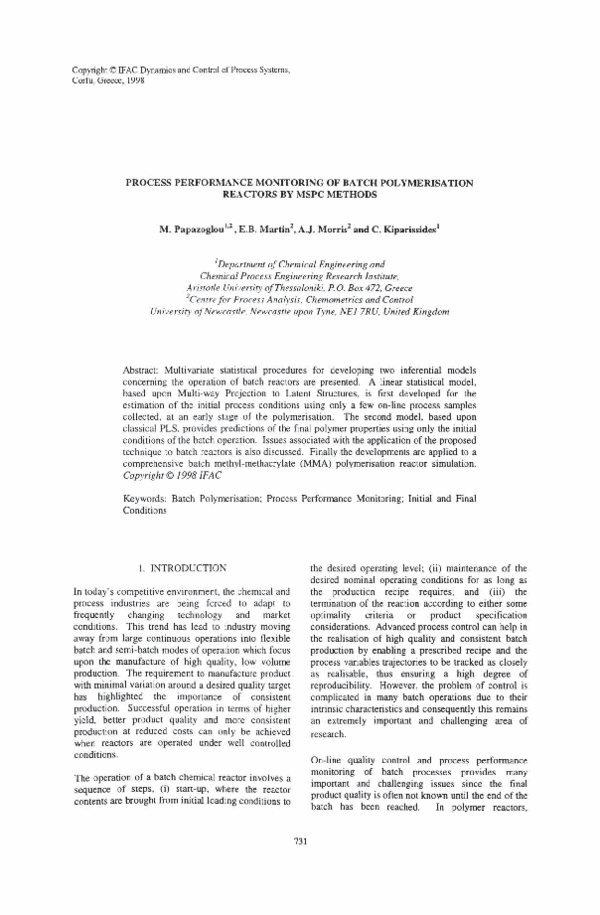 (PDF) Process Performance Monitoring of Batch Polymerisation Reactors by MSPC Methods