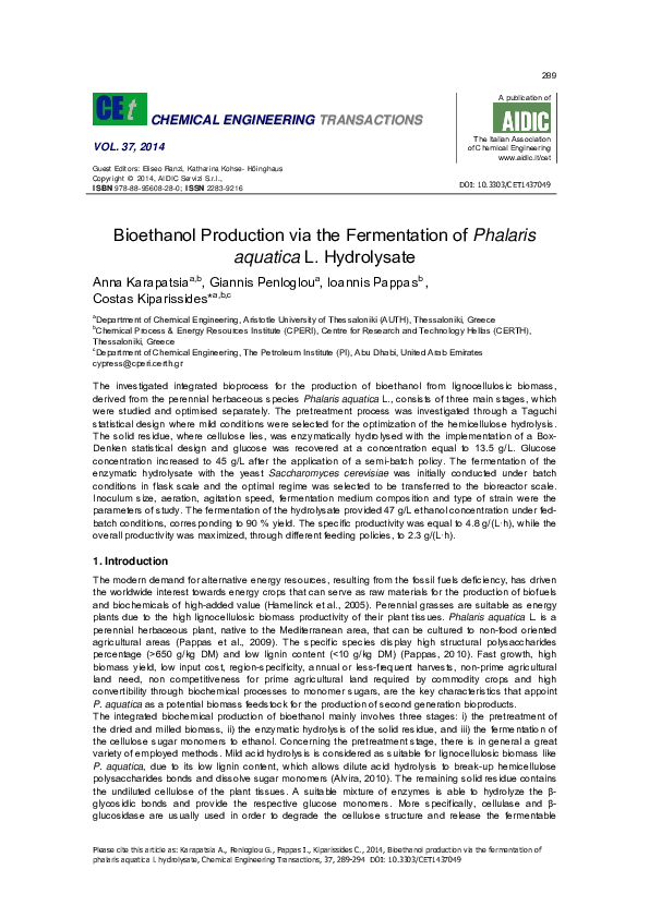 (PDF) Bioethanol Production via the Fermentation of Phalaris Aquatica L. Hydrolysate