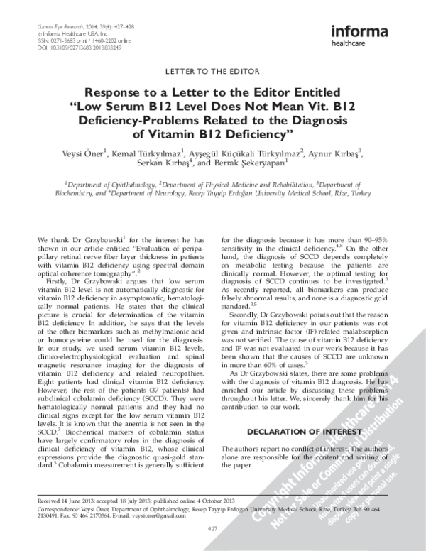 (PDF) Response to a Letter to the Editor Entitled “Low Serum B12 Level ...