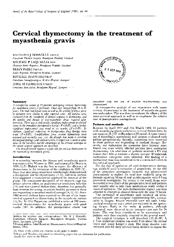(PDF) Cervical thymectomy in the treatment of myasthenia gravis