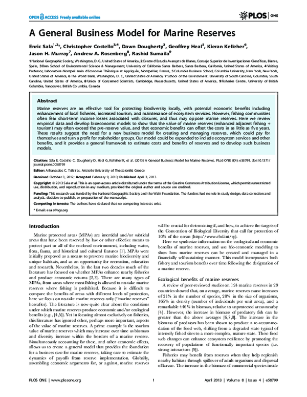 A General Business Model for Marine Reserves
