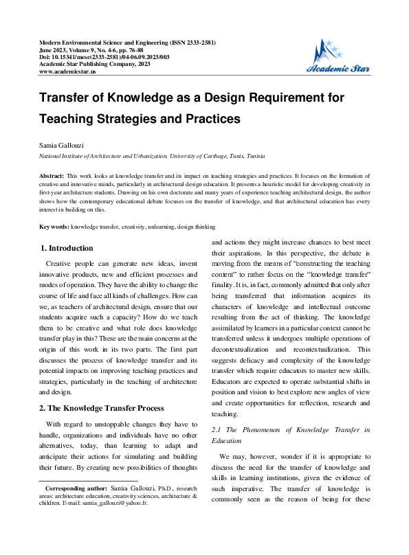 (PDF) Transfer of Knowledge as a Design Requirement for Teaching ...