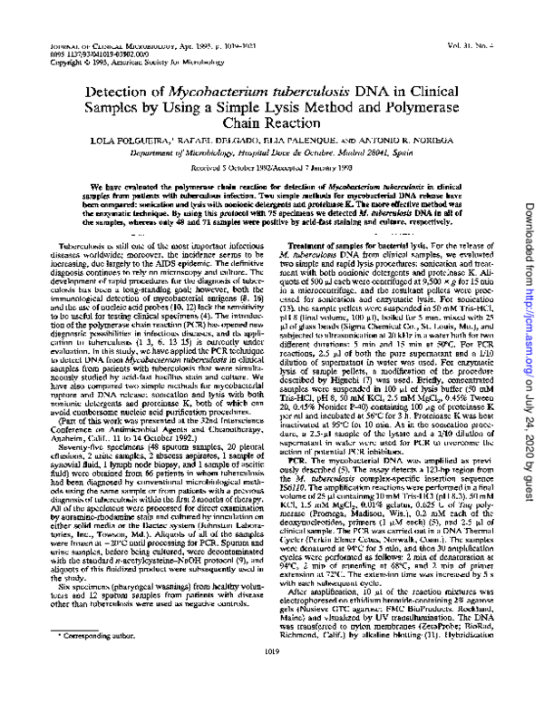 (PDF) Detection of Mycobacterium tuberculosis DNA in clinical samples by using a simple lysis ...