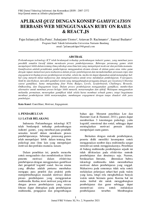 Pdf Aplikasi Quiz Dengan Konsep Gamification Berbasis Web Menggunakan Ruby On Rails And Reactjs 