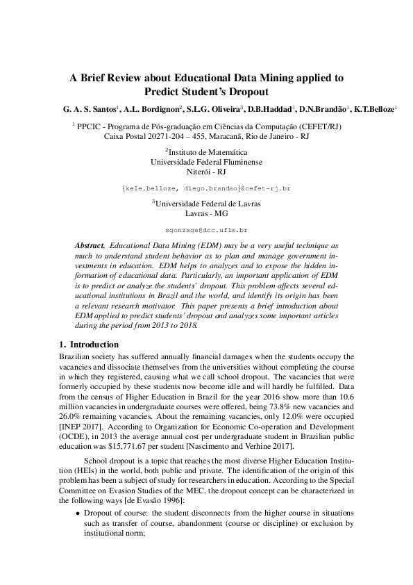 (PDF) A Brief Review about Educational Data Mining applied to Predict Student’s Dropout | Diego ...