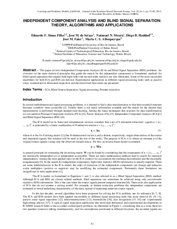 Pdf Independent Component Analysis And Bss Review