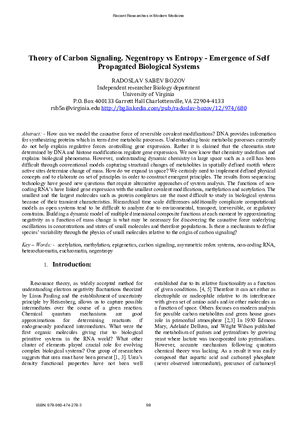 (PDF) Theory of Carbon Signaling. Negentropy vs Entropy-Emergence of ...