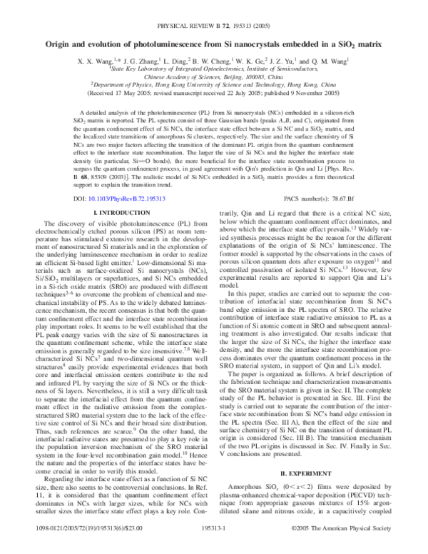 (PDF) Origin and evolution of photoluminescence from Si nanocrystals embedded in aSiO2matrix