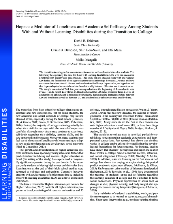 (PDF) Hope as a Mediator of Loneliness and Academic Self-efficacy Among ...