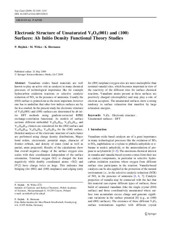 (PDF) Electronic Structure of Unsaturated V2O5(001) and (100) Surfaces ...