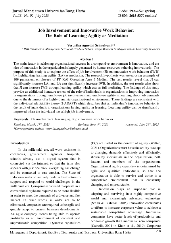 (PDF) Job Involvement, Learning Agility, and Innovative Behavior