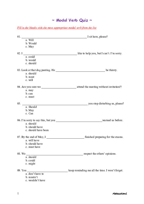 (PDF) Multiple Choice Modal Verb Quiz