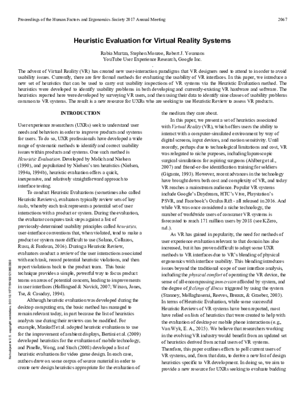 (PDF) Heuristic Evaluation for Virtual Reality Systems