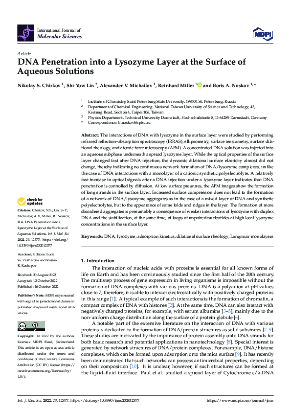 (PDF) DNA Penetration into a Lysozyme Layer at the Surface of Aqueous ...