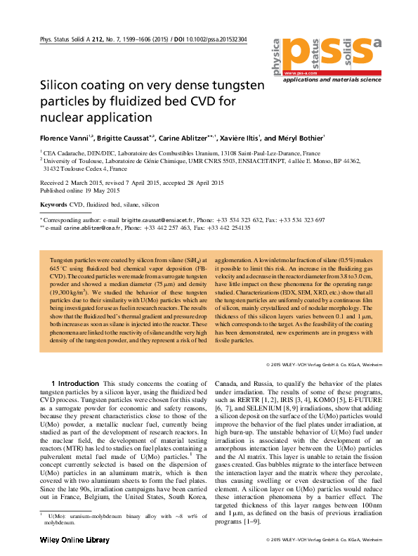 (PDF) Silicon coating on very dense tungsten particles by fluidized bed CVD for nuclear ...