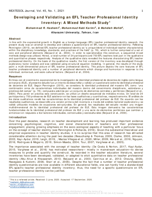 (PDF) Developing and Validating an EFL Teacher Professional Identity Inventory: A Mixed Methods ...