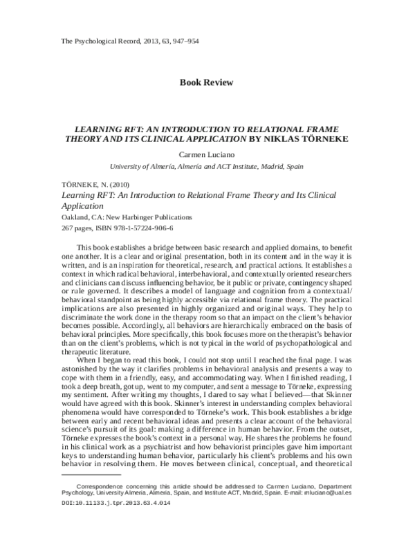(PDF) Learning RFT: An Introduction to Relational Frame Theory and Its Clinical Application