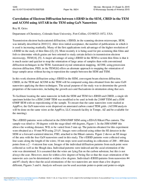 (PDF) Correlation of Electron Diffraction between t-EBSD in the SEM, CBED in the TEM and ACOM ...