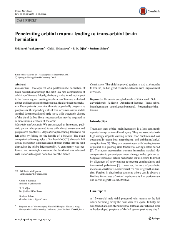 (PDF) Penetrating orbital trauma leading to trans-orbital brain herniation