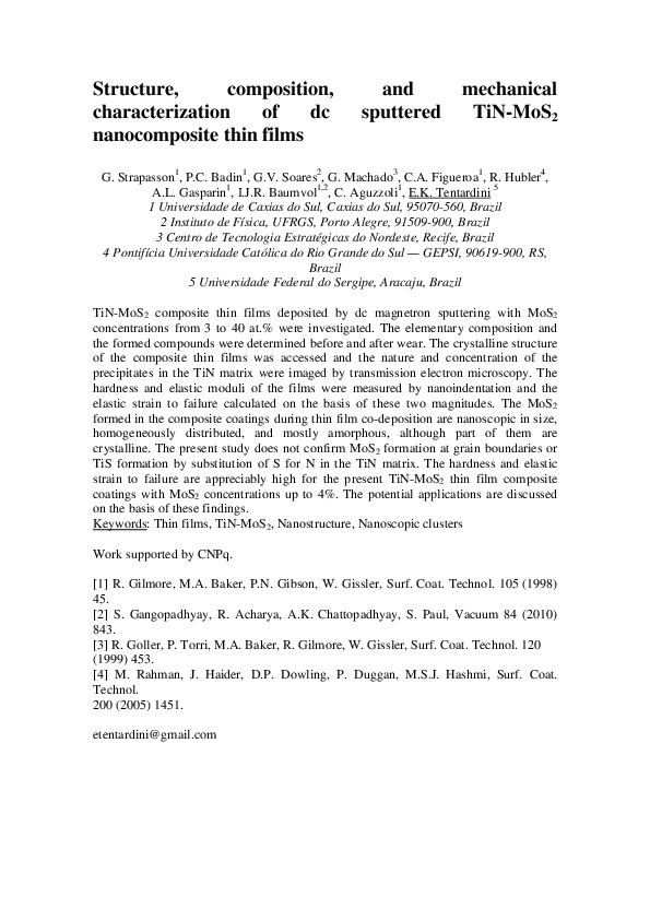 (PDF) Structure, composition, and mechanical characterization of dc sputtered TiN-MoS2 ...