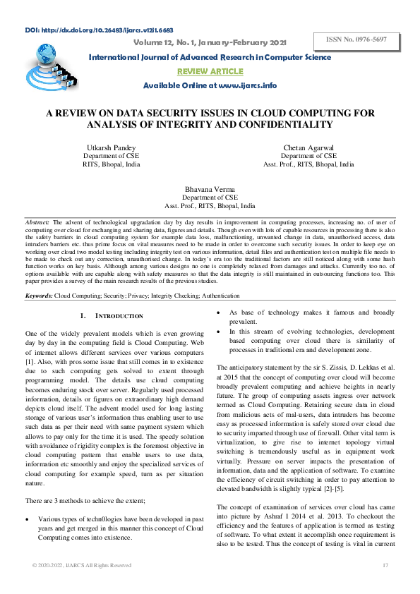 Pdf A Review On Data Security Issues In Cloud Computing For Analysis Of Integrity And