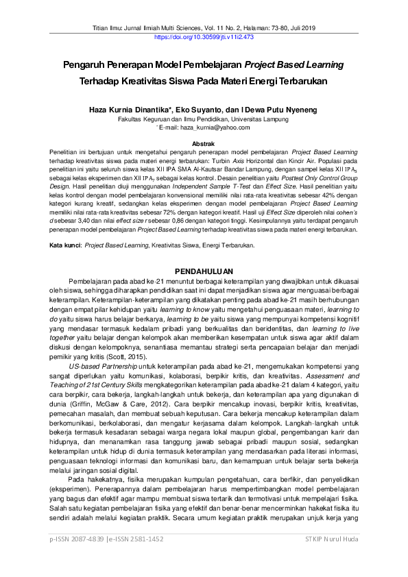 (PDF) Pengaruh Penerapan Model Pembelajaran Project Based Learning Terhadap Kreativitas Siswa ...