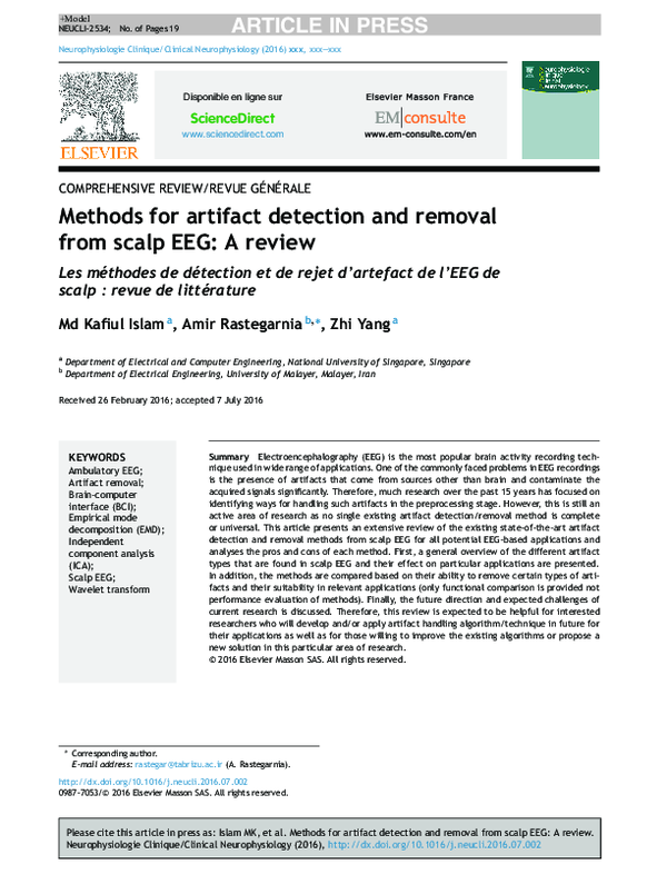 Pdf Methods For Artifact Detection And Removal From Scalp Eeg A Review