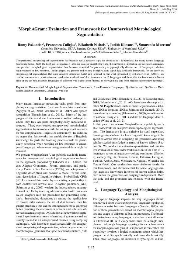 Pdf Morphagram Evaluation And Framework For Unsupervised Morphological Segmentation Ramy