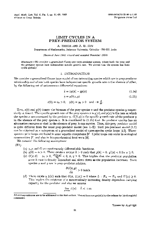 (PDF) Limit cycles in a prey-predator system