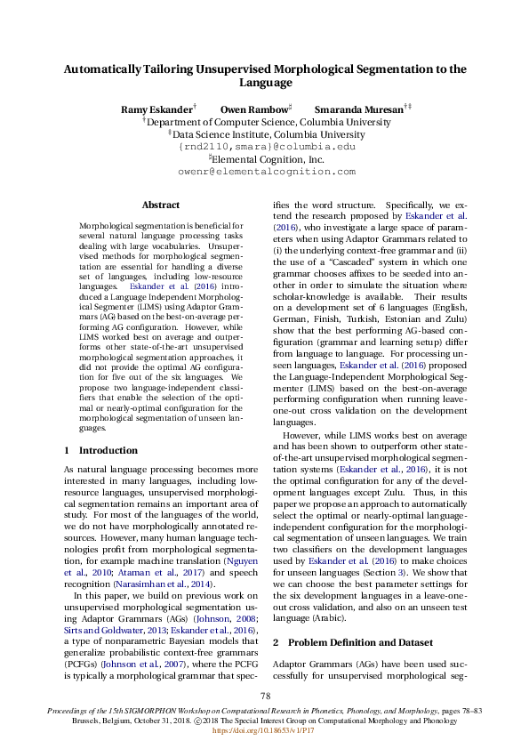 Pdf Automatically Tailoring Unsupervised Morphological Segmentation To The Language