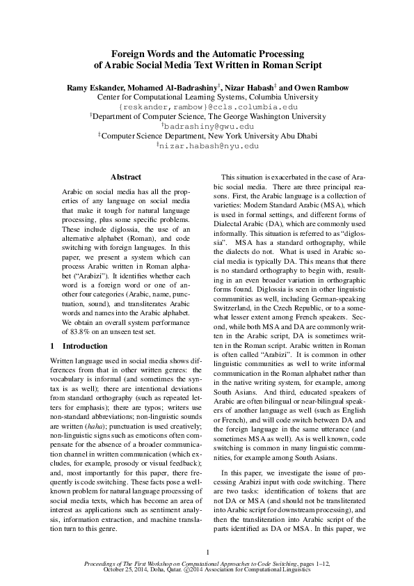 (PDF) Foreign Words and the Automatic Processing of Arabic Social Media Text Written in Roman Script