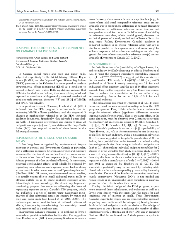 (PDF) Response to Huebert et al. (2011) comments on Canada's EEM program on Canada's EEM program ...