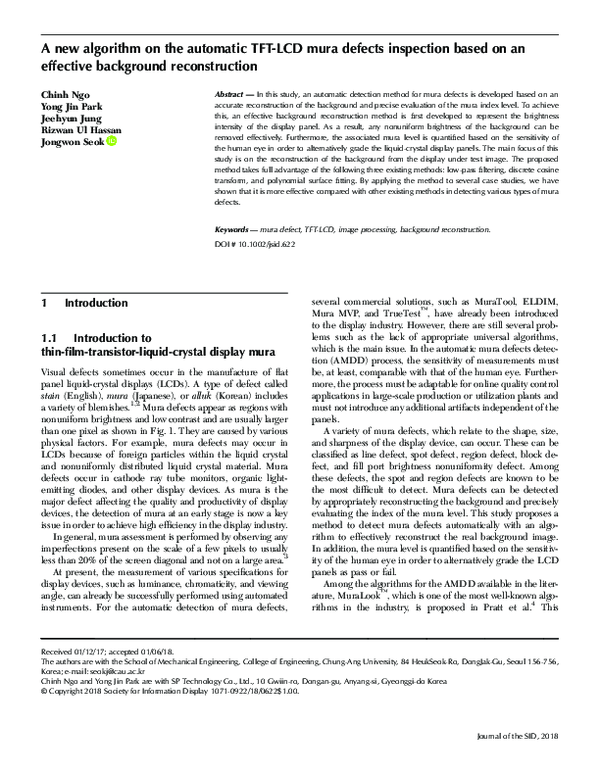 Pdf A New Algorithm On The Automatic Tft‐lcd Mura Defects Inspection Based On An Effective