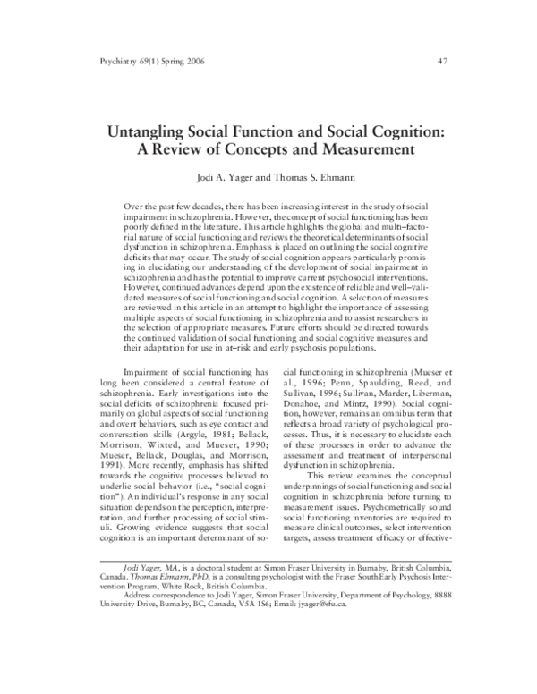 (PDF) Untangling Social Function and Social Cognition: A Review of ...