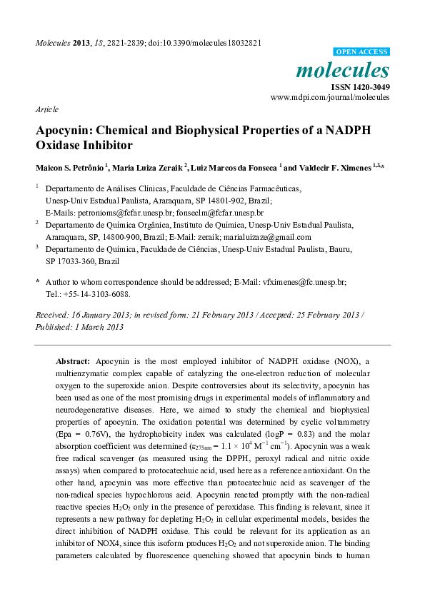 (PDF) Apocynin: Chemical and Biophysical Properties of a NADPH Oxidase ...