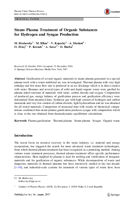 (PDF) Steam Plasma Treatment of Organic Substances for Hydrogen and ...