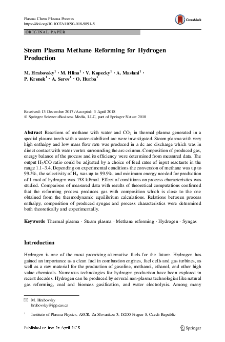 (PDF) Steam Plasma Methane Reforming for Hydrogen Production