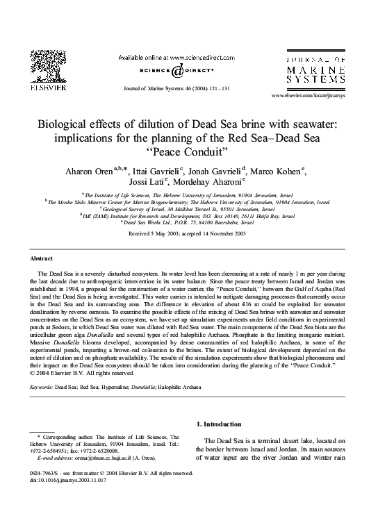 (PDF) Biological effects of dilution of Dead Sea brine with seawater ...