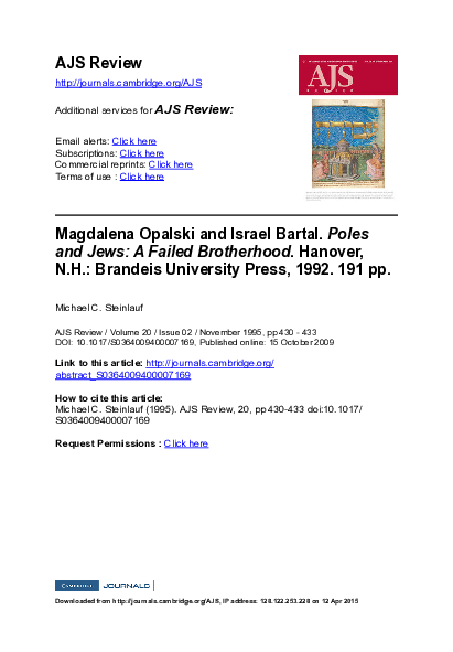 (PDF) Magdalena Opalski and Israel Bartal. Poles and Jews: A Failed ...