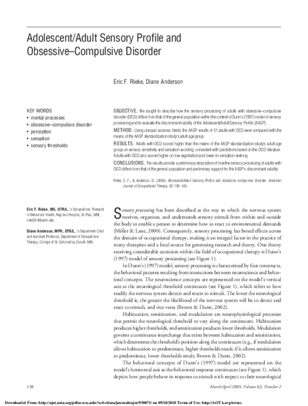 (PDF) Adolescent/Adult Sensory Profile and Obsessive–Compulsive Disorder