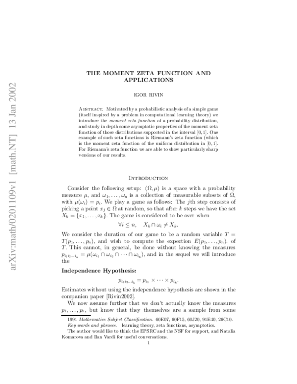 (PDF) The Moment Zeta Function and Applications