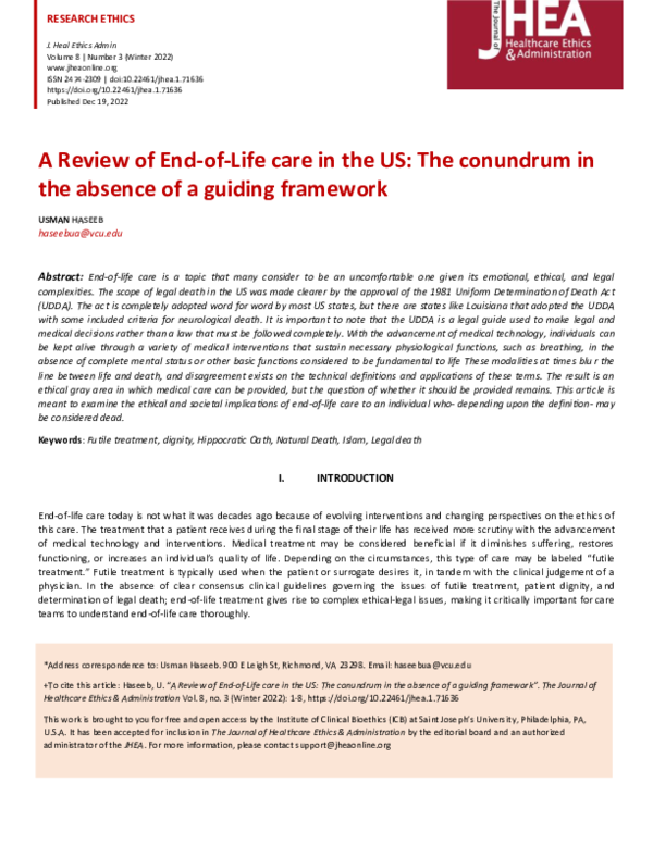 (PDF) A Review of End-of-Life care in the US: The conundrum in the ...