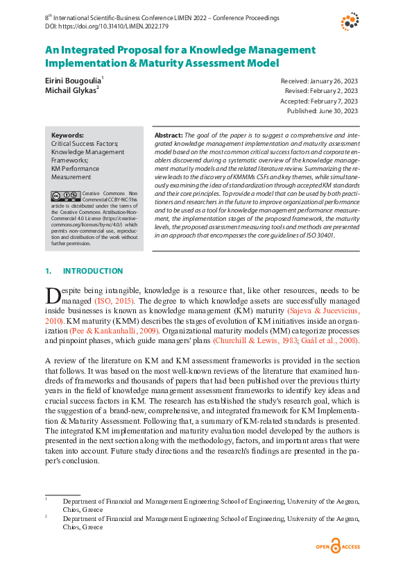 (PDF) An Integrated Proposal for a Knowledge Management Implementation & Maturity Assessment Model