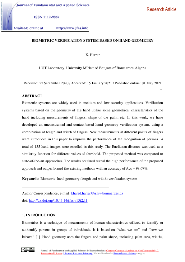 (PDF) Biometric Verification System Based on Hand Geometry